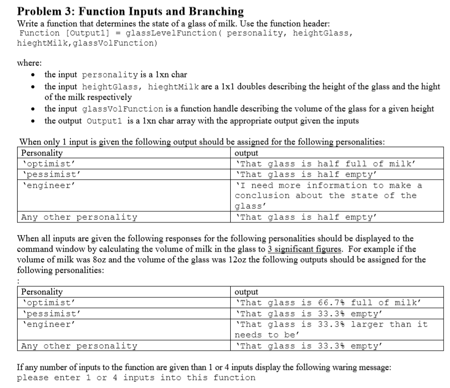 Solved Problem 3: Function Inputs and Branching Write a | Chegg.com