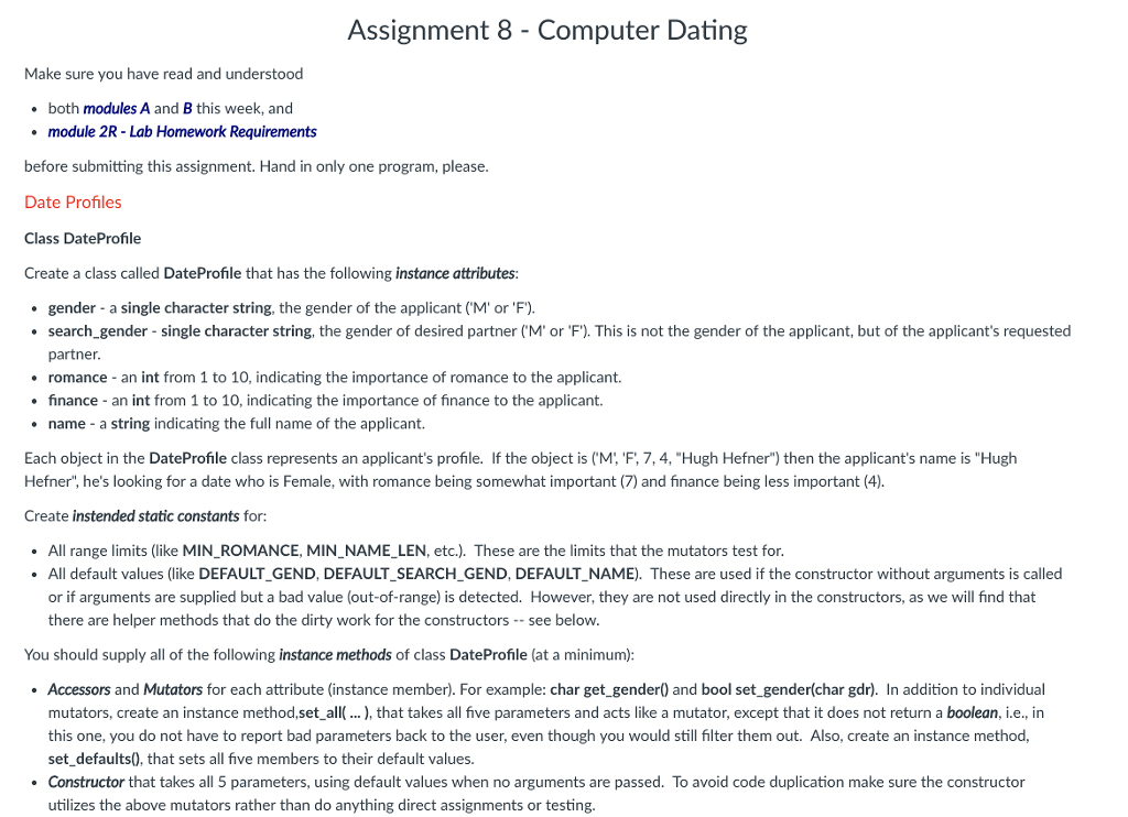 Assignment 8 Computer Dating Make Sure You Have Chegg