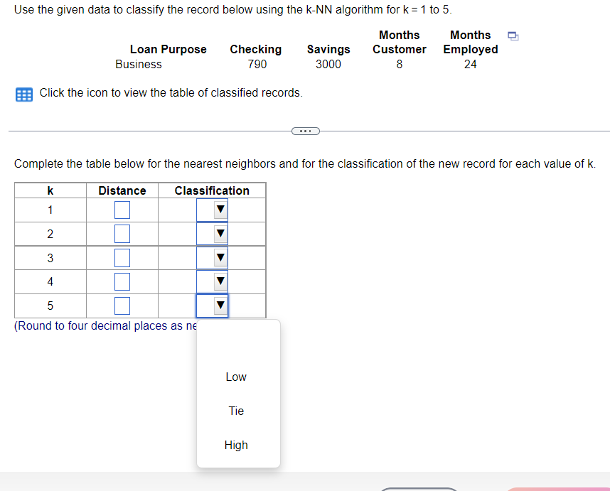 Use the given data to classify the record below using | Chegg.com