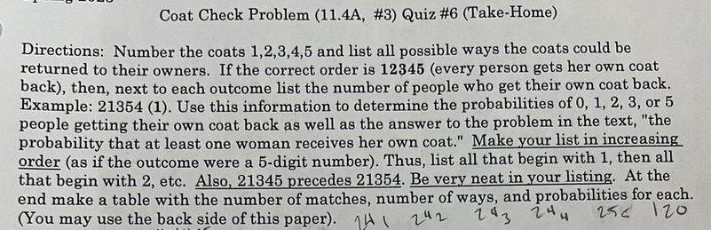 Solved Coat Check Problem (11.4A, \#3) Quiz \#6 (Take-Home) | Chegg.com