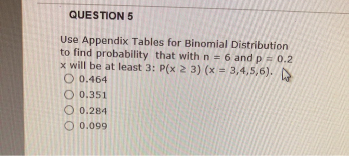 Solved QUESTION 5 Use Appendix Tables for Binomial | Chegg.com
