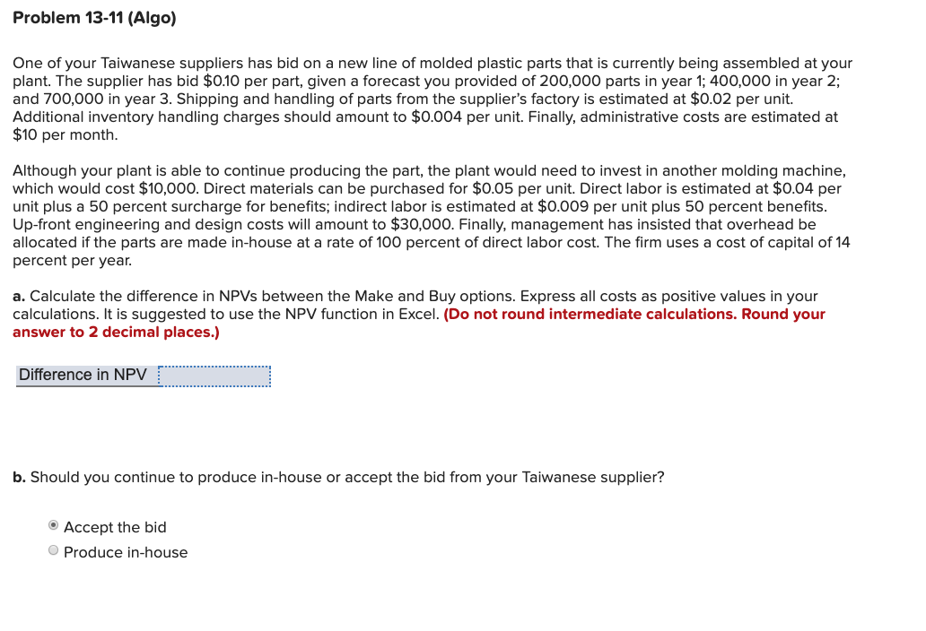 Solved Problem 13-11 (Algo) One of your Taiwanese suppliers | Chegg.com
