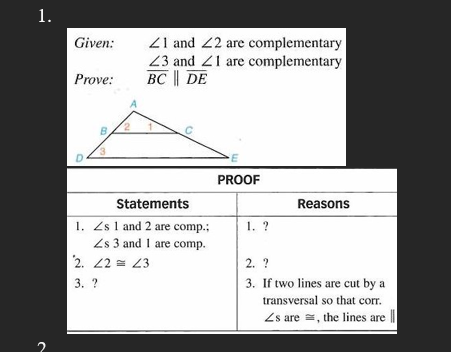 Solved Given: ∠1 and ∠2 are complementary Prove: BC∠3∥DE and | Chegg.com