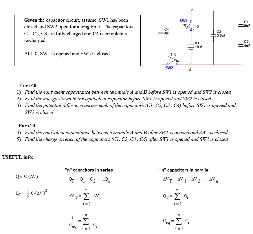 Solved Given the capacitor circuit, assume SW1 has been | Chegg.com