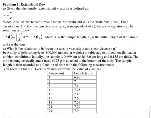Solved Problem 1: Extensional flow a) Given that the tensile | Chegg.com