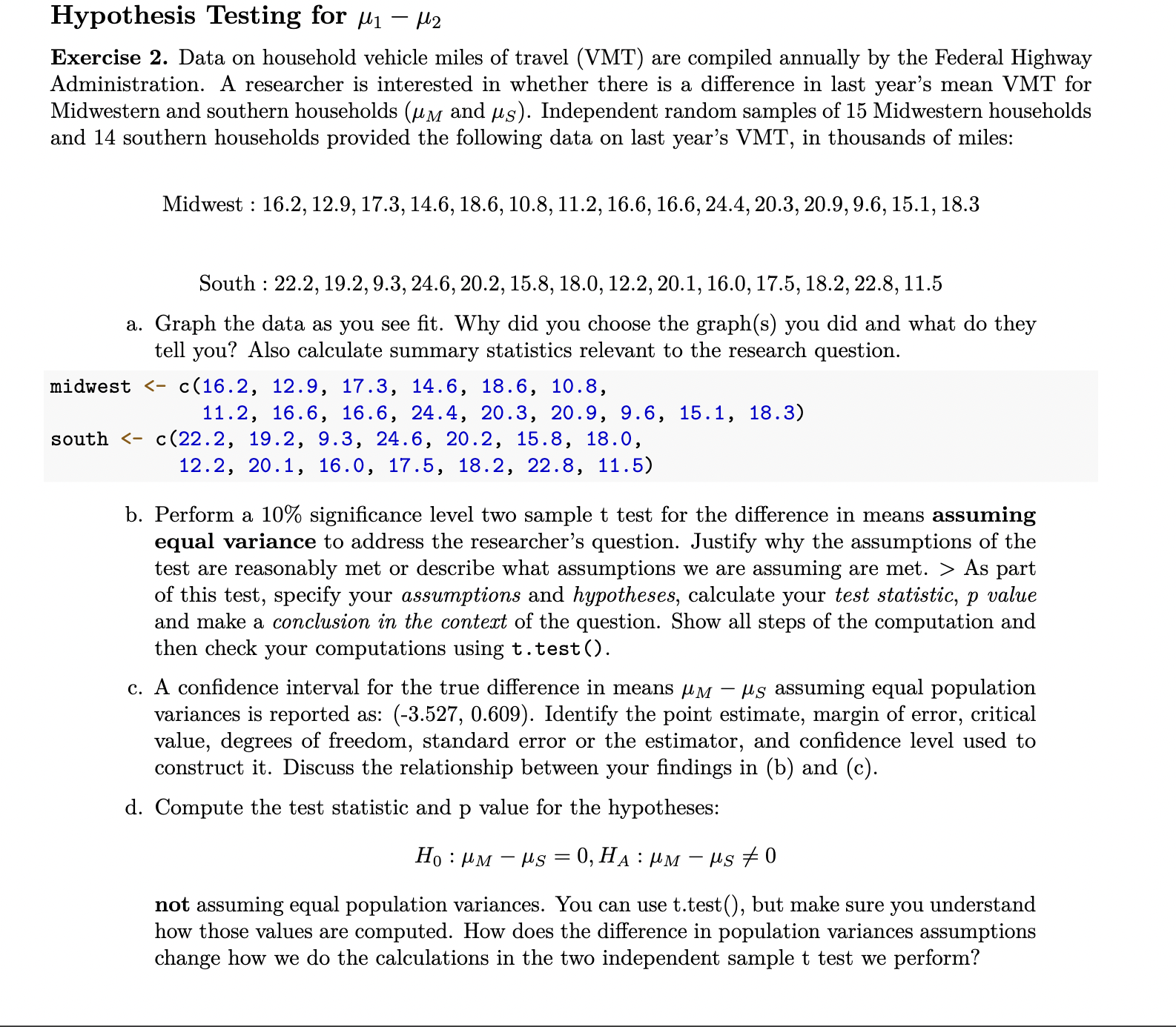 Solved Hypothesis Testing for μ1−μ2 Exercise 2. Data on | Chegg.com