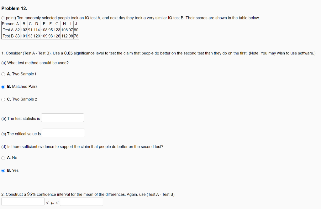 Solved Problem 12. (1 point) Ten randomly selected people | Chegg.com