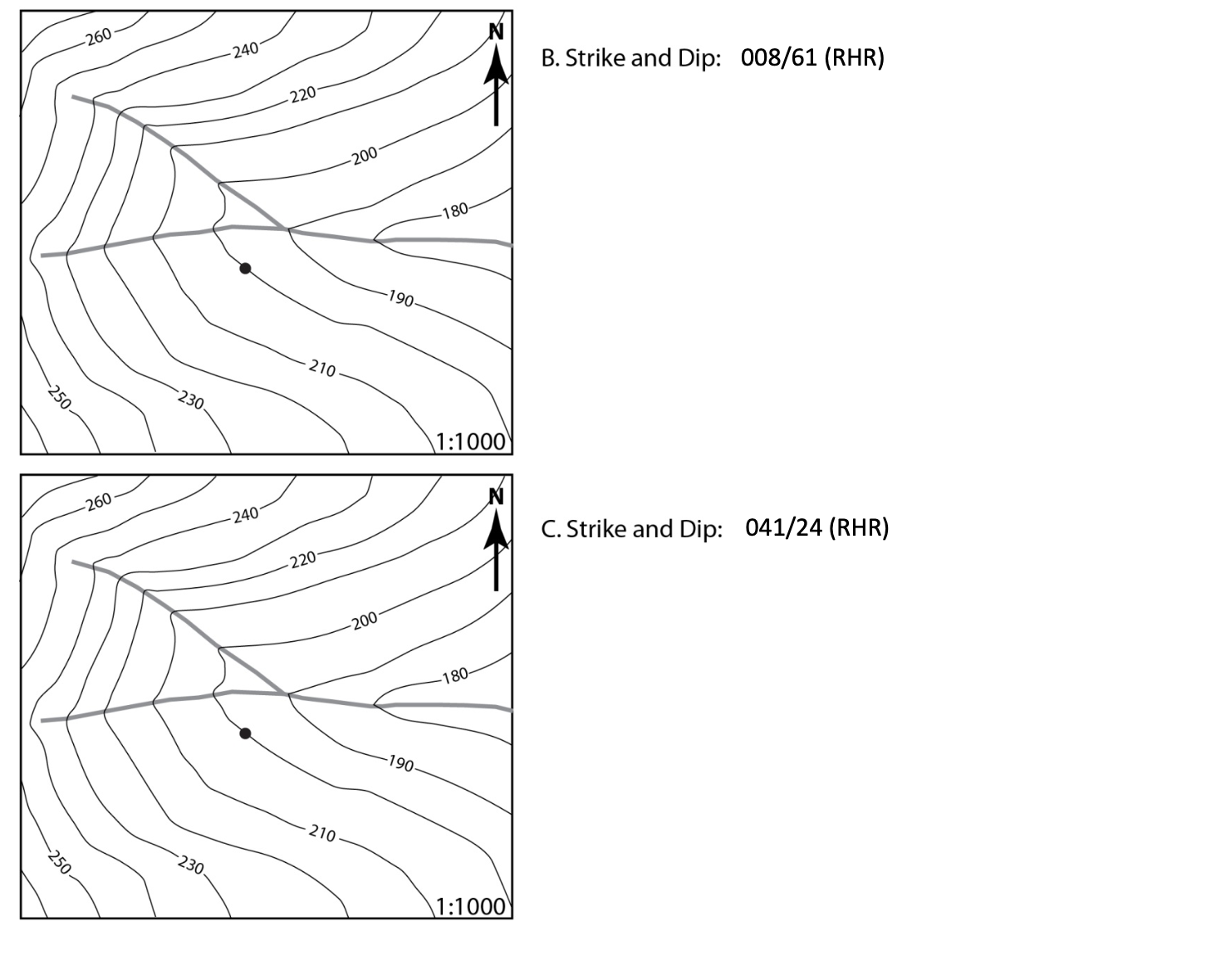 Solved There are three small maps below. The strike and dip | Chegg.com