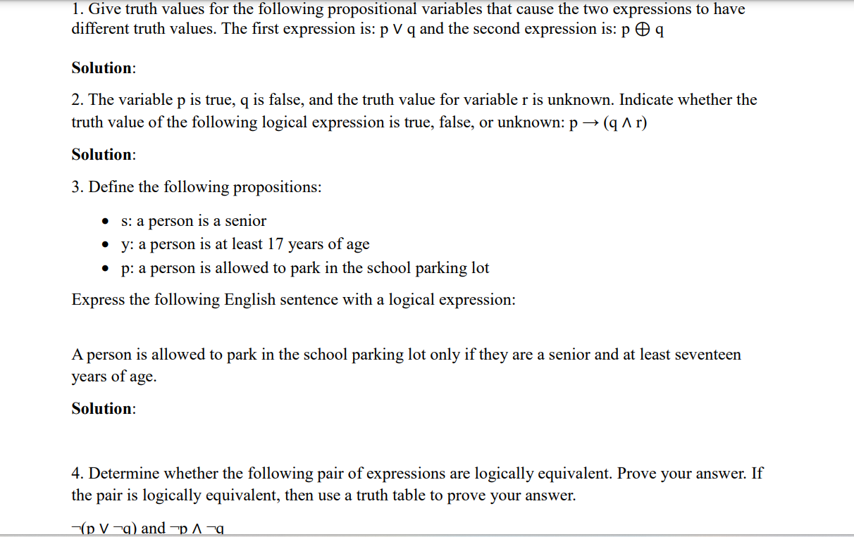 Solved 1 Give Truth Values For The Following Propositional 