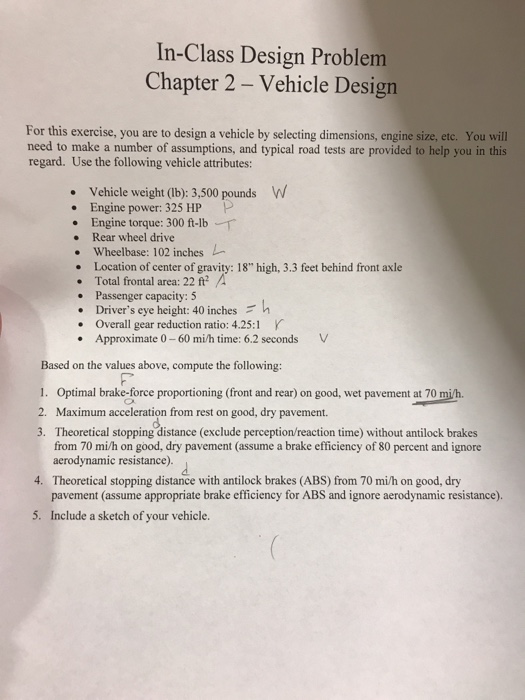 Solved In-Class Design Problem Chapter 2- Vehicle Design For | Chegg.com