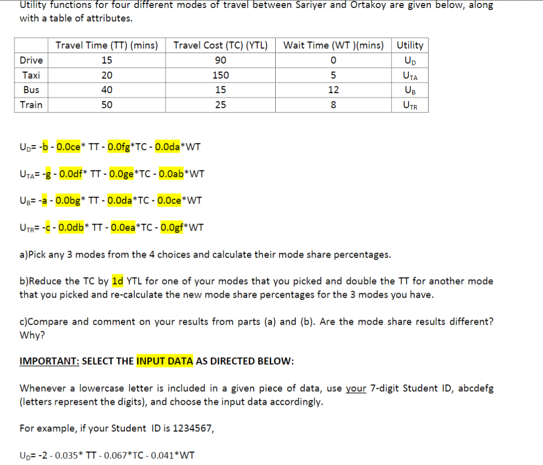 Solved Utility functions for four different modes of travel | Chegg.com