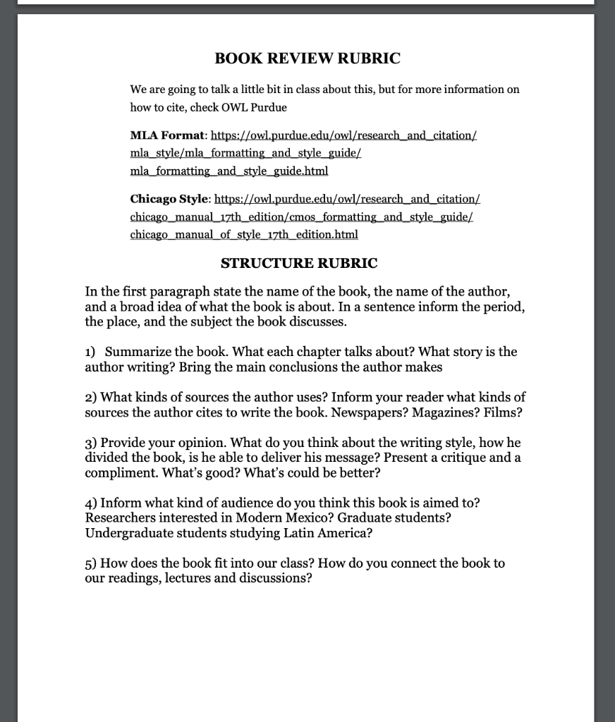 BOOK REVIEW RUBRIC Synthesis of the book 30% | Chegg.com