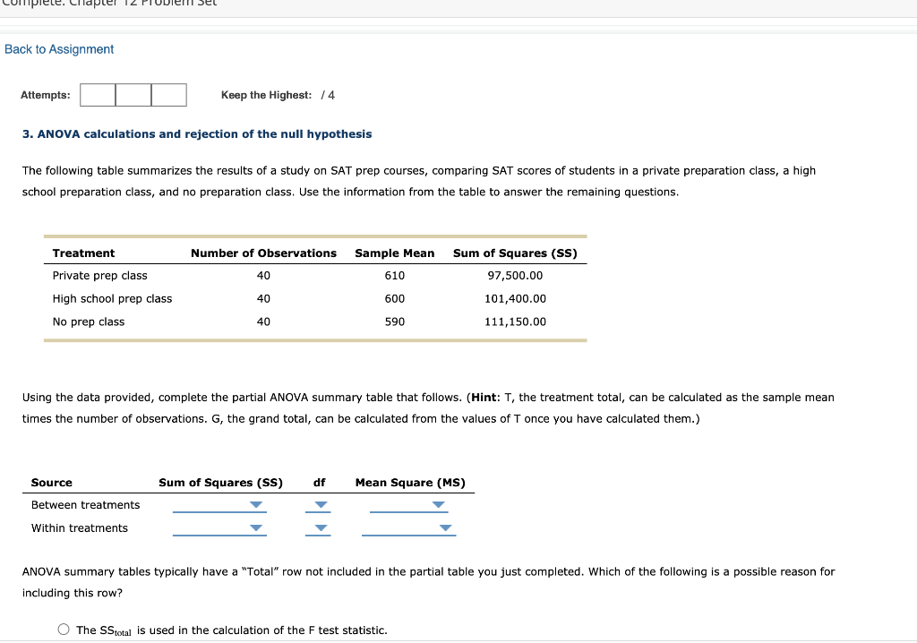 Solved ANOVA summary tables typically have a "Total” row not | Chegg.com