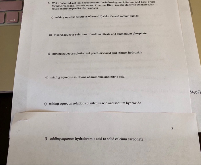 Solved 5. Write balanced, net ionic equations for the | Chegg.com