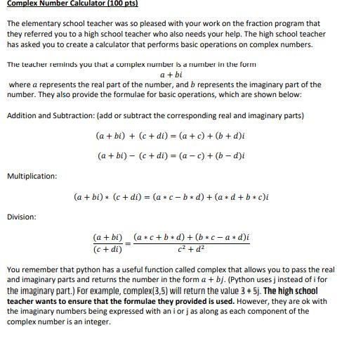 Solved Complex Number Calculator (100 pts) The elementary | Chegg.com