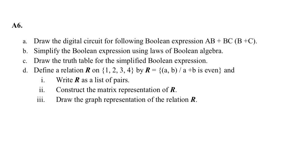 Solved A6. a. Draw the digital circuit for following Boolean | Chegg.com