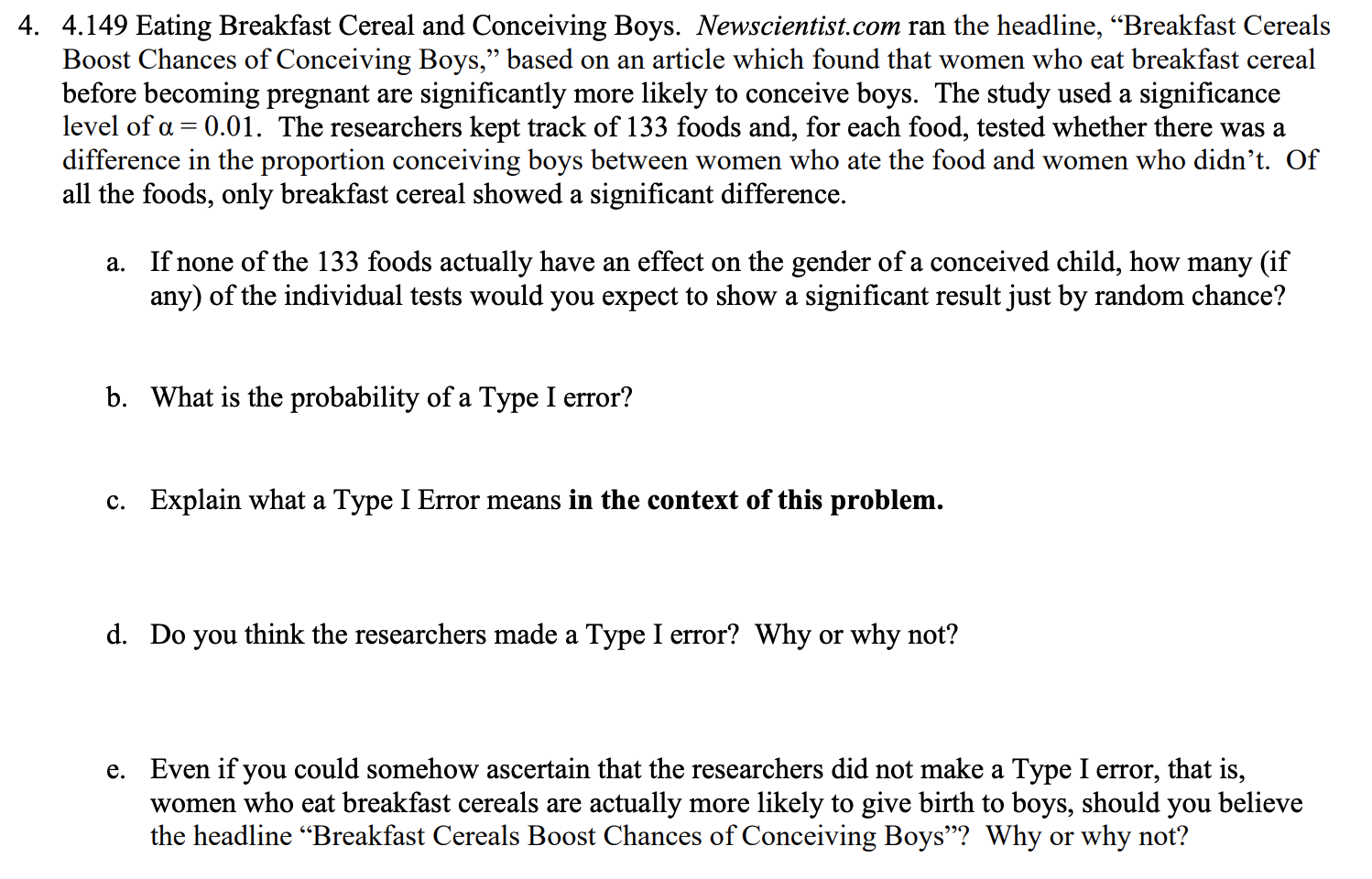 Solved 4. 4.149 Eating Breakfast Cereal and Conceiving Boys. | Chegg.com