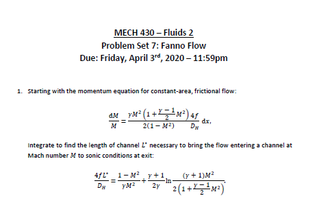 Solved MECH 430 - Fluids 2 Problem Set 7: Fanno Flow Due: | Chegg.com
