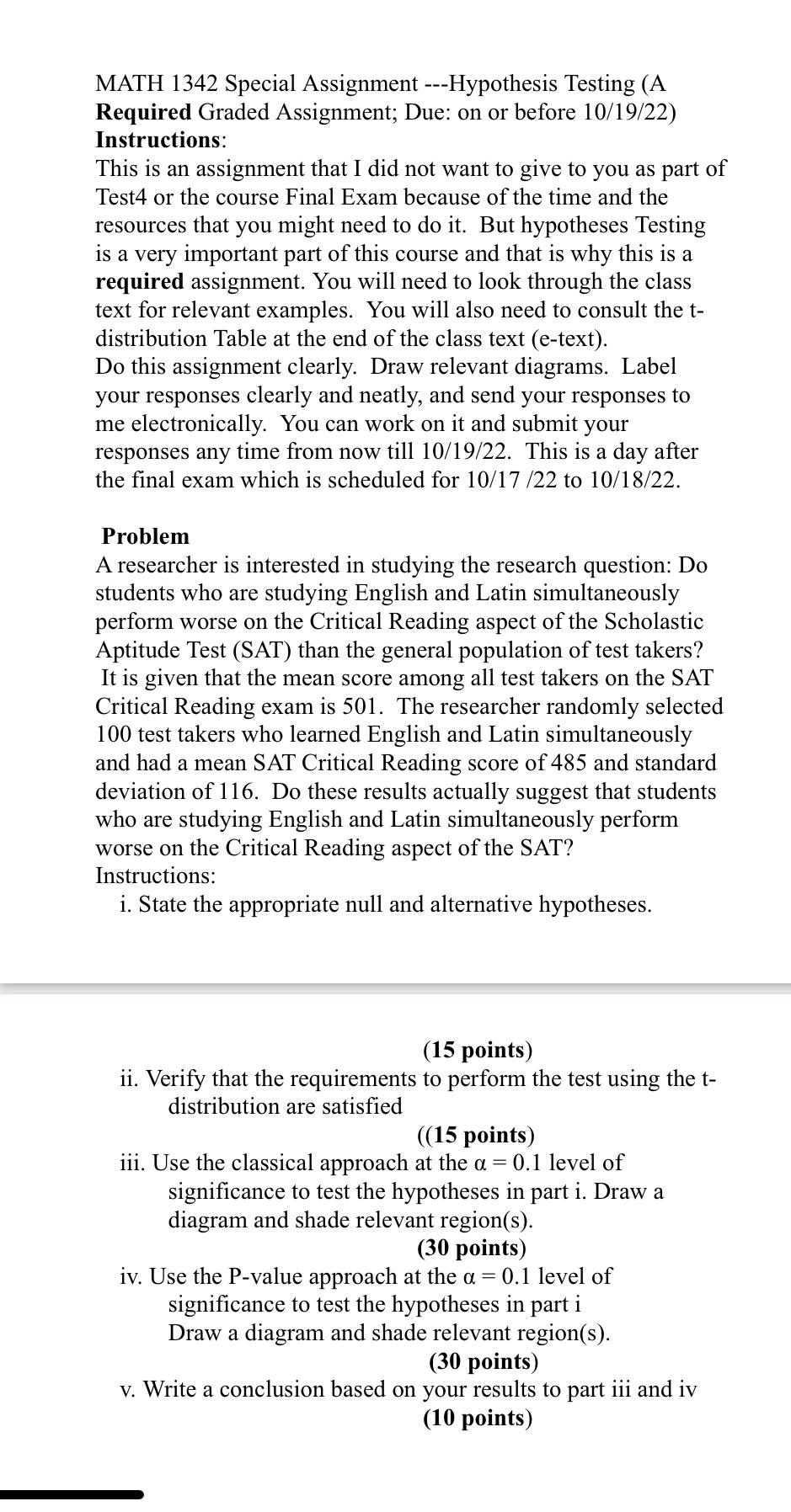 MATH 1342 Special Assignment -r-Hypothesis Testing (A | Chegg.com