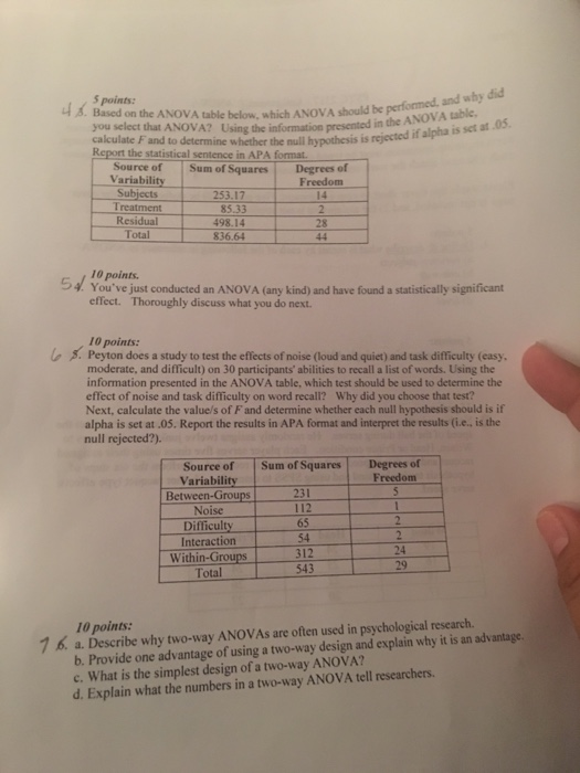 Solved 5 points: and why .Based on the ANOVA table below, | Chegg.com