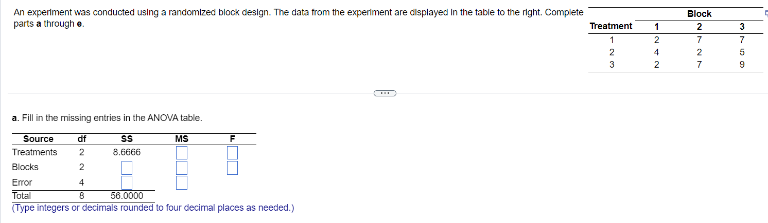 Solved An experiment was conducted using a randomized block | Chegg.com