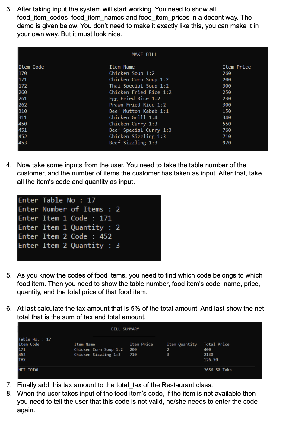 Solved Task: Your task is to make a system for Restaurant | Chegg.com