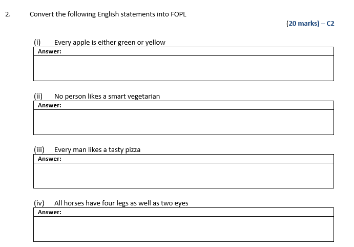 Solved 2. Convert the following English statements into FOPL | Chegg.com