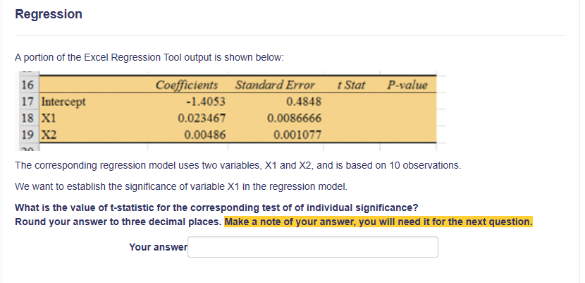 Solved Regression A portion of the Excel Regression Tool | Chegg.com