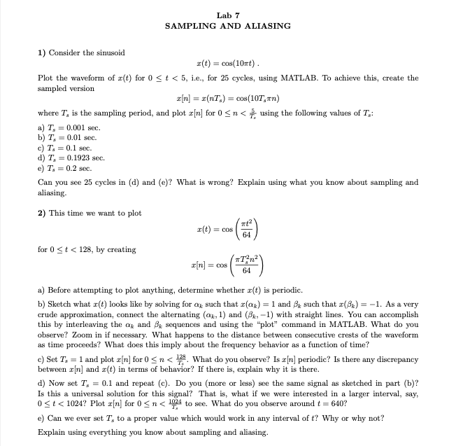 Solved Lab 7 SAMPLING AND ALIASING 1) Consider the sinusoid | Chegg.com