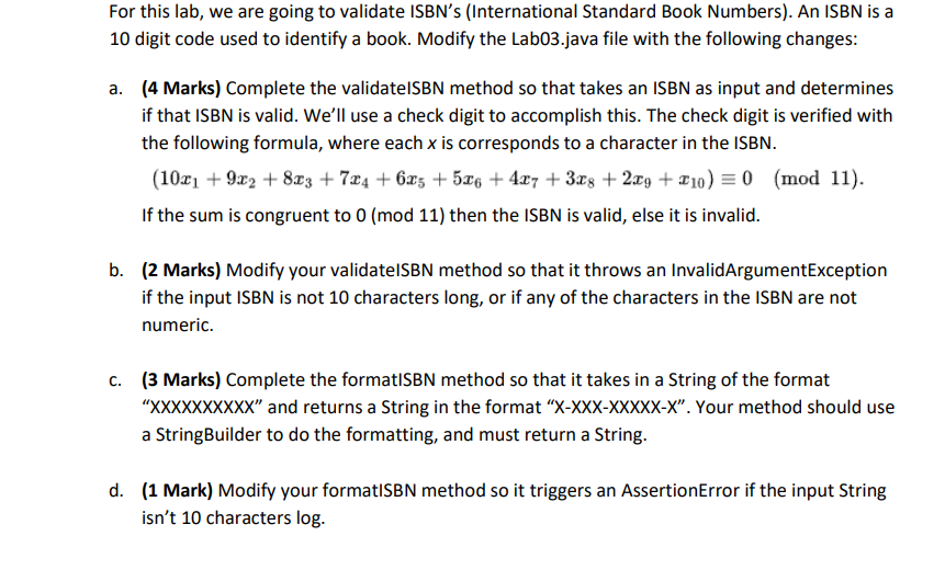 Solved For this lab, we are going to validate ISBN's | Chegg.com