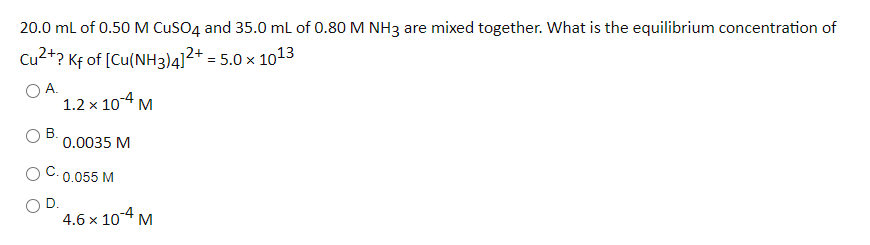Solved 20.0 mL of 0.50 M CuSO4 and 35.0 mL of 0.80 M NH3 are | Chegg.com