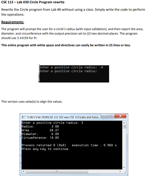 Solved CSE 112-Lab #20 Circle Program rewrite Rewrite the | Chegg.com