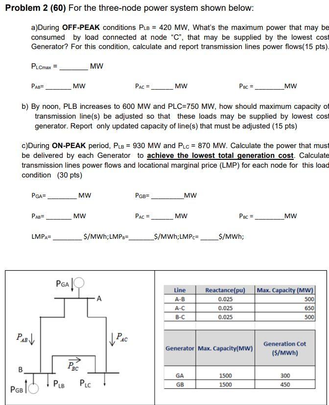 Problem 2 (60) For the three-node power system shown | Chegg.com