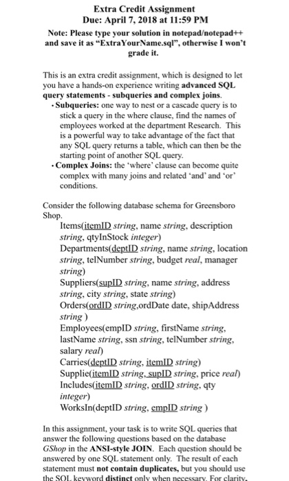 Solved Extra Credit Assignment Due: April 7,2018 at 11:59 PM | Chegg.com