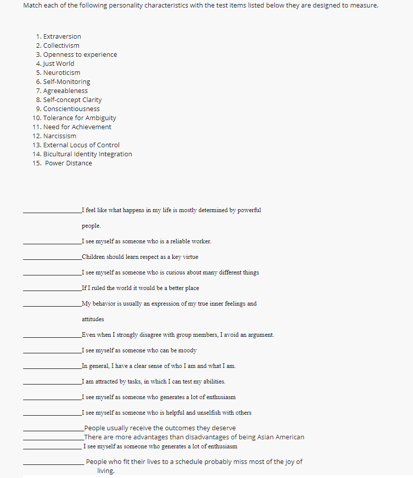 Solved Match each of the following personality | Chegg.com