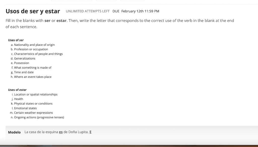 Usos de ser y estar UNLIMITED ATTEMPTS LEFT DUE | Chegg.com
