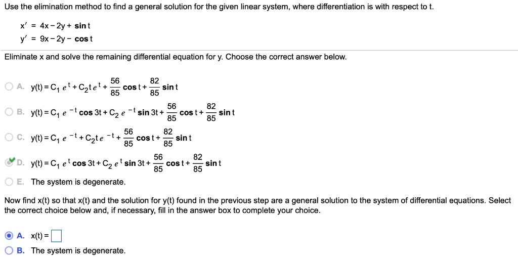Solved Use the elimination method to find a general solution | Chegg.com