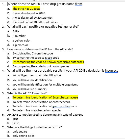 Solved 1. Where does the API 20 E test strip got its name | Chegg.com