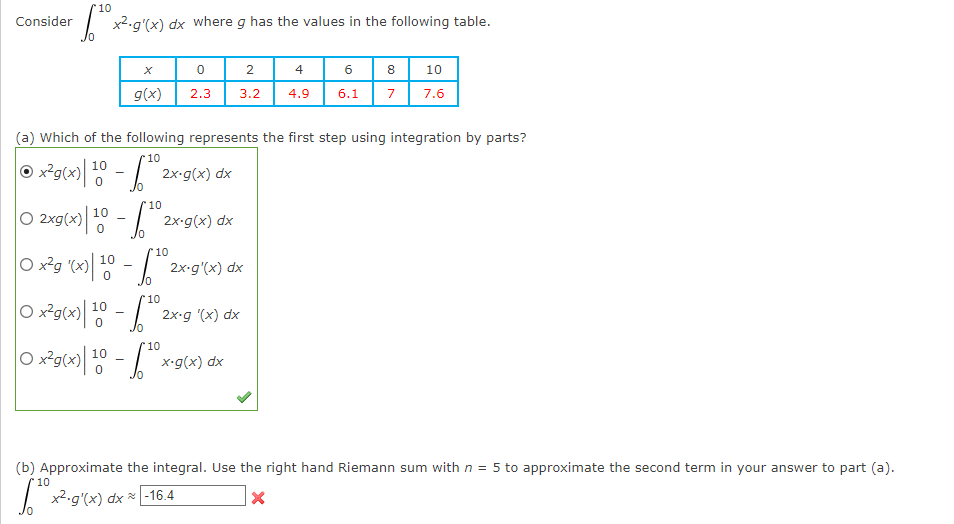 Solved Consider ∫010x2⋅g′(x)dx where g has the values in the | Chegg.com