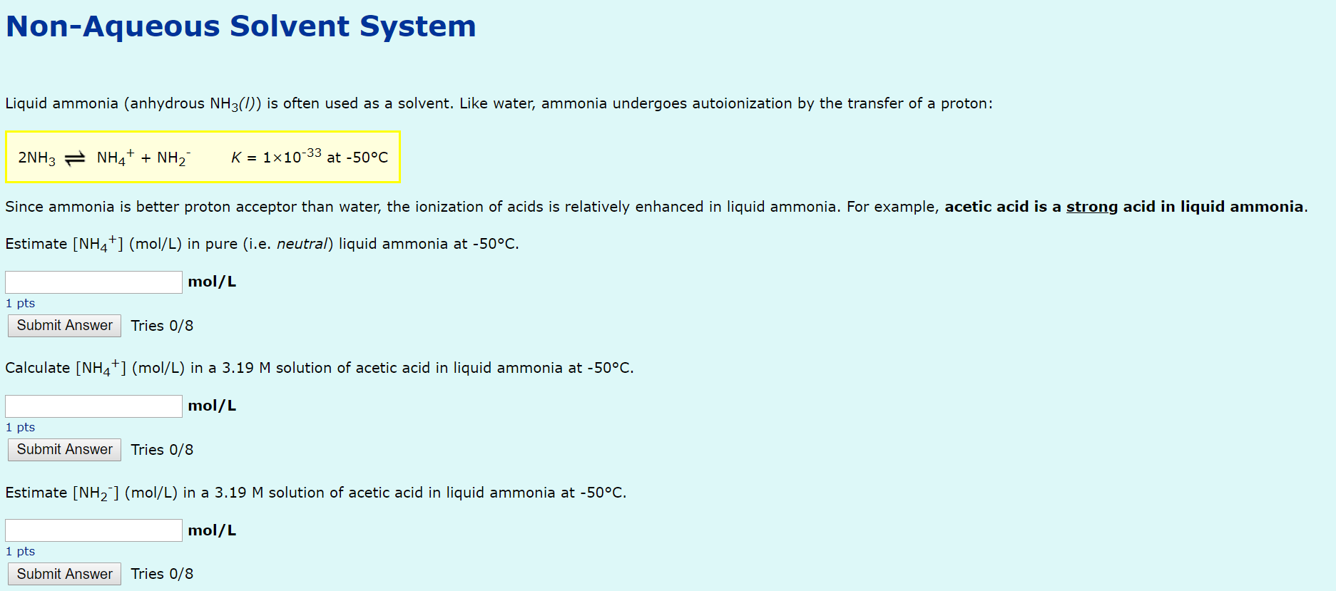 Solved Non-Aqueous Solvent System Liquid ammonia (anhydrous | Chegg.com