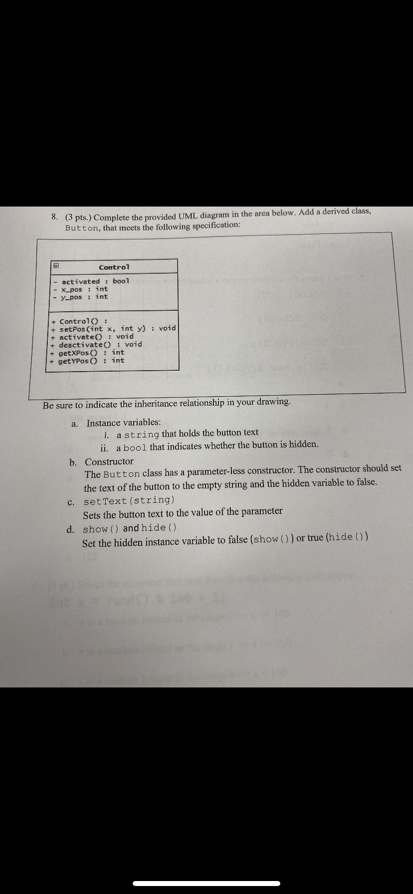 8. (3 pts.) Complete the provided UML diagram in the | Chegg.com