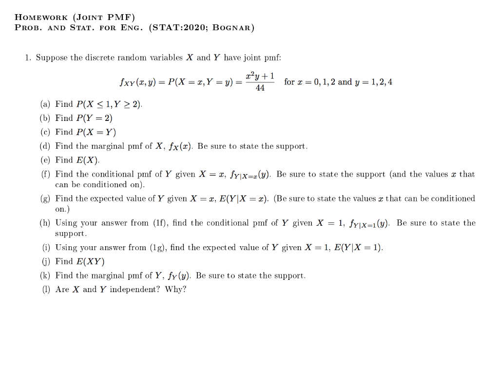 Solved HoMEwoRK (JoiNT PMF) PROB. AND STAT. FOR ENG. | Chegg.com