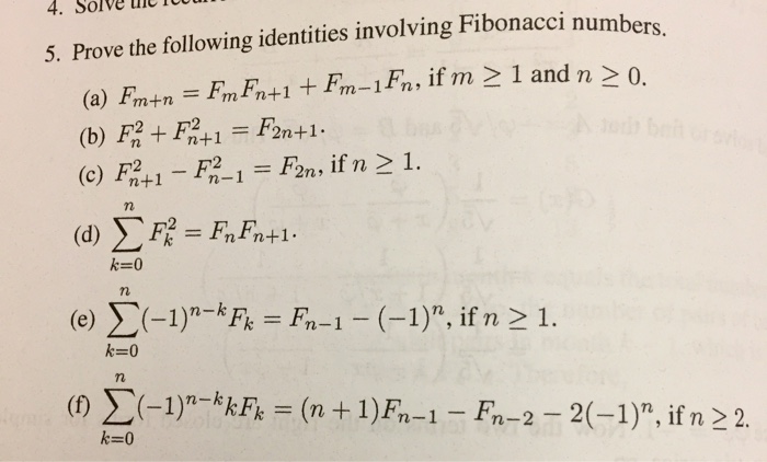 Solved Prove the following identities involving Fibonacci | Chegg.com
