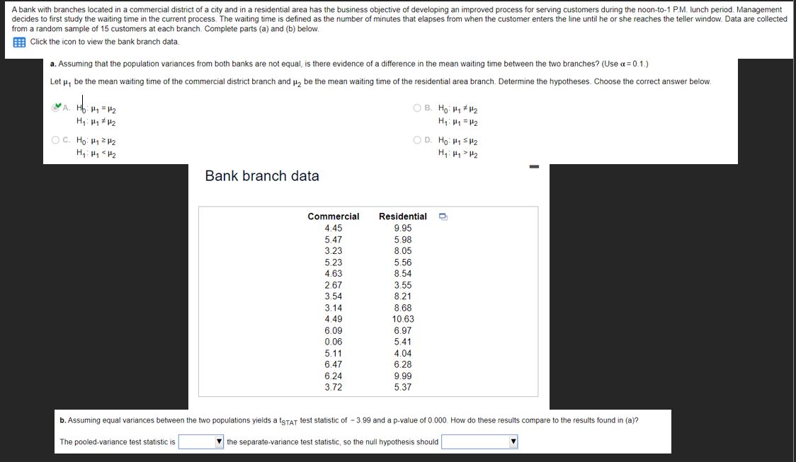Bank Branch Datathe Pooled Variance Test Statistic