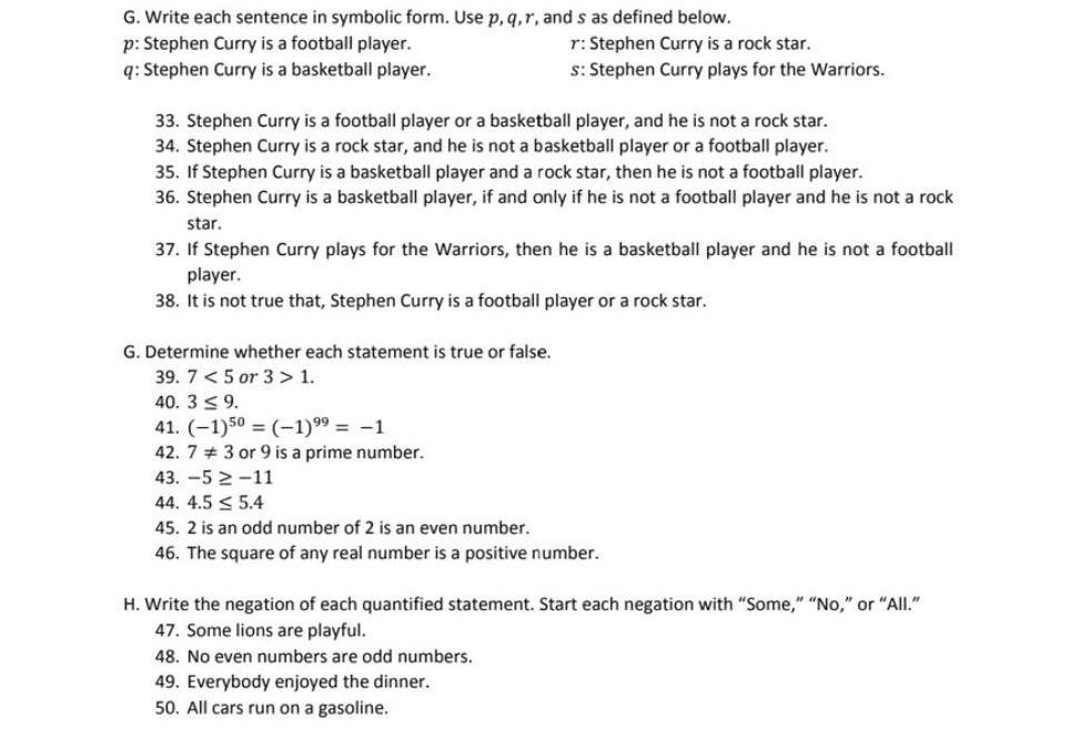 Solved G. Write each sentence in symbolic form. Use p.q.r, | Chegg.com