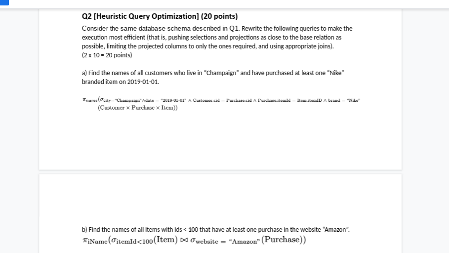 Q2 [Heuristic Query Optimization] (20 points) | Chegg.com