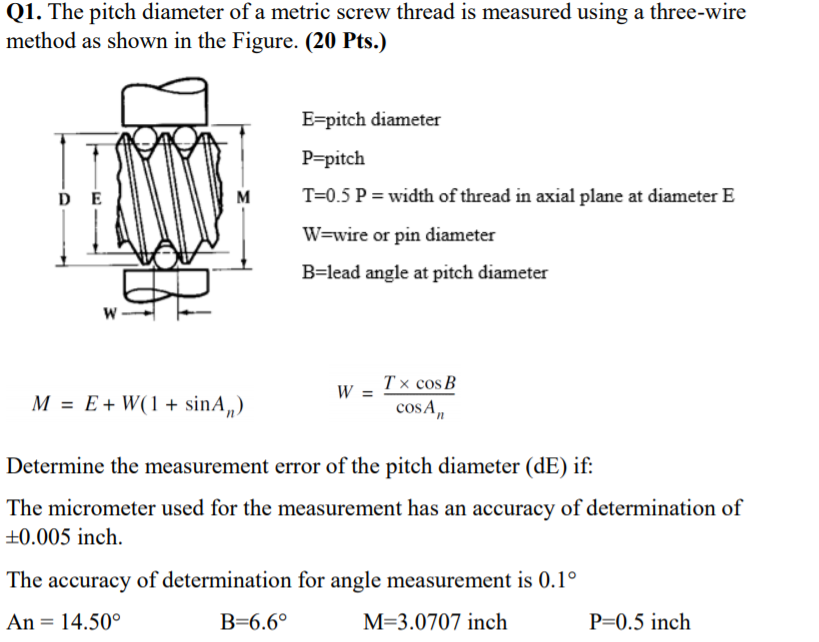 Solved Q1. The pitch diameter of a metric screw thread is | Chegg.com