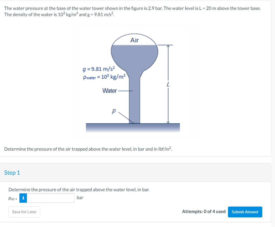 Solved The water pressure at the base of the water tower | Chegg.com