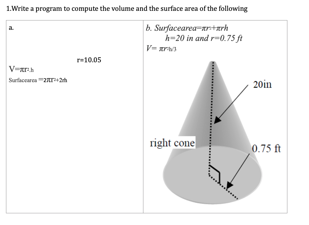 Solved 1.Write a program to compute the volume and the | Chegg.com