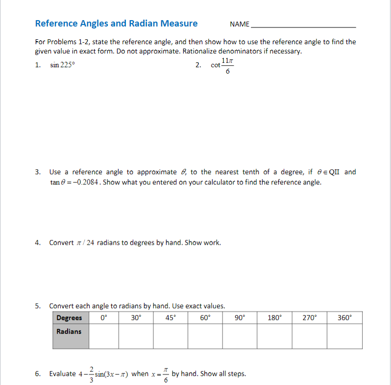 For Problems 1-2, state the reference angle, and then | Chegg.com